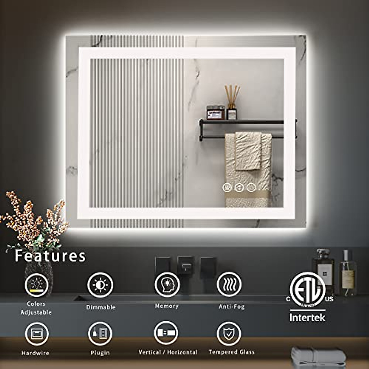 ODDSAN 40x32 Led Mirror for Bathroom, Dimmable Vanity Mirror with Lights, Backlit and Front Lit Makeup Mirror for Wall, Anti-Fog (Horizontal/ Vertical)
