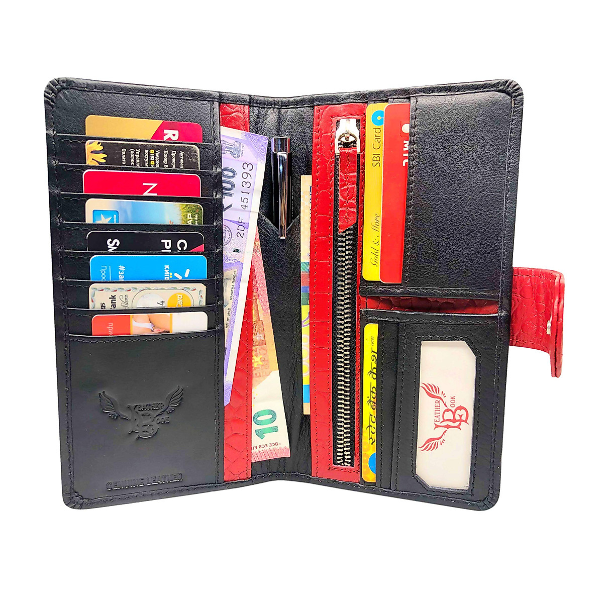 Leather Book LW-1804 Red Crocodile Ladies Wallet|10 card slots|1 card window|4 slide pockets|1 zip pocket | Black Cowhide & Red cowhide Crocodile Print Leather