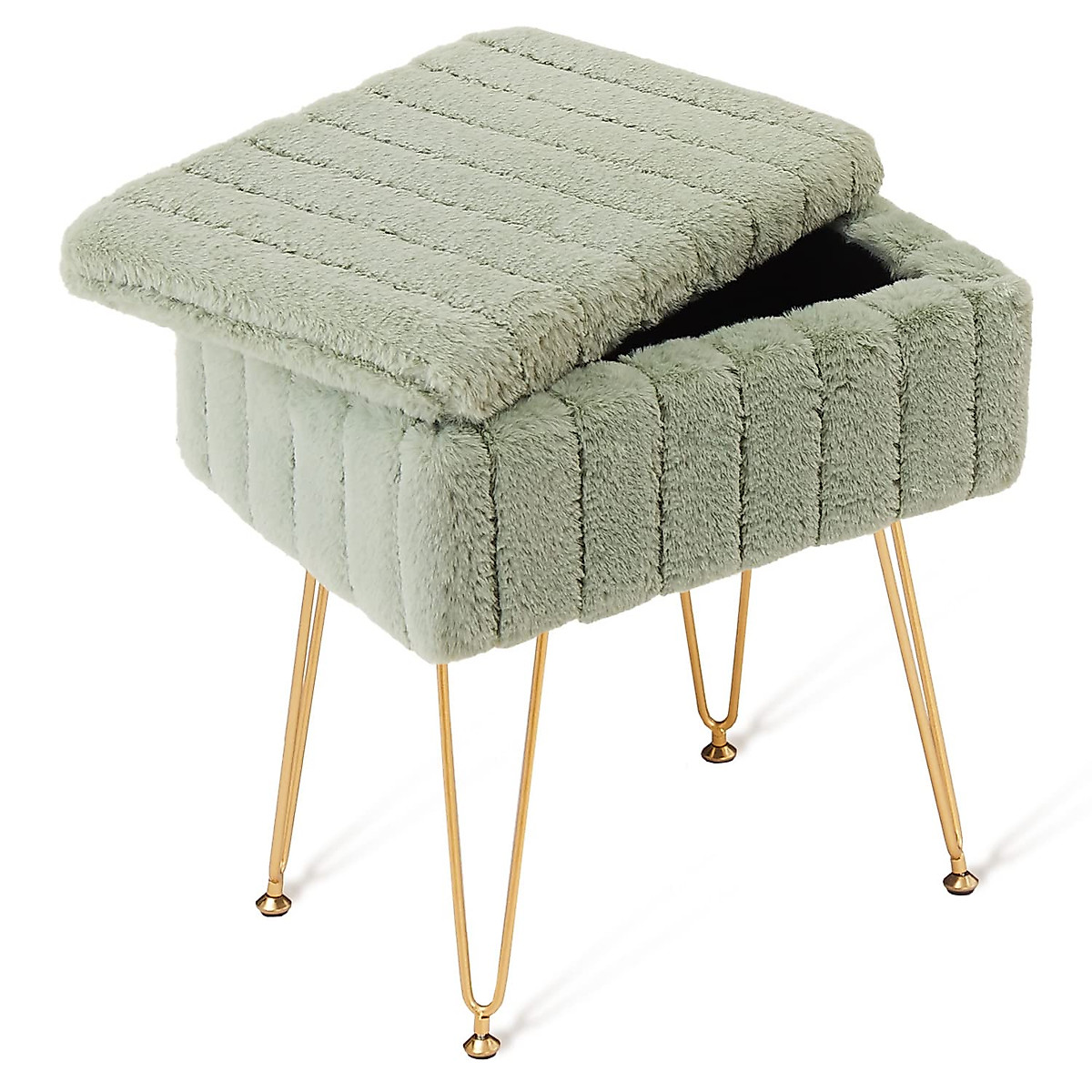 Wimarsbon Faux Mink Fur Storage Ottoman, Modern Soft Footstool, Storage Bench with Metal Legs, Vanity Seat, Fur Stool, Ottoman Coffee Table, Makeup Chair, Vanity Stools for Bedroom (Light Green)