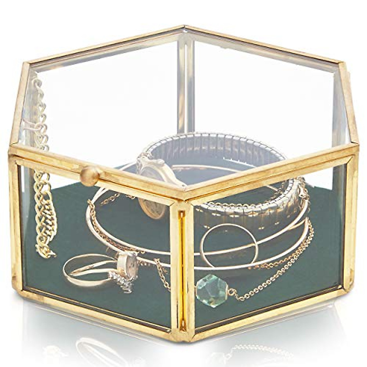 Juvale Velvet Glass Jewelry Box, Gold Hexagon Box for Trinkets (5 x 4.5 x 2.1 In)