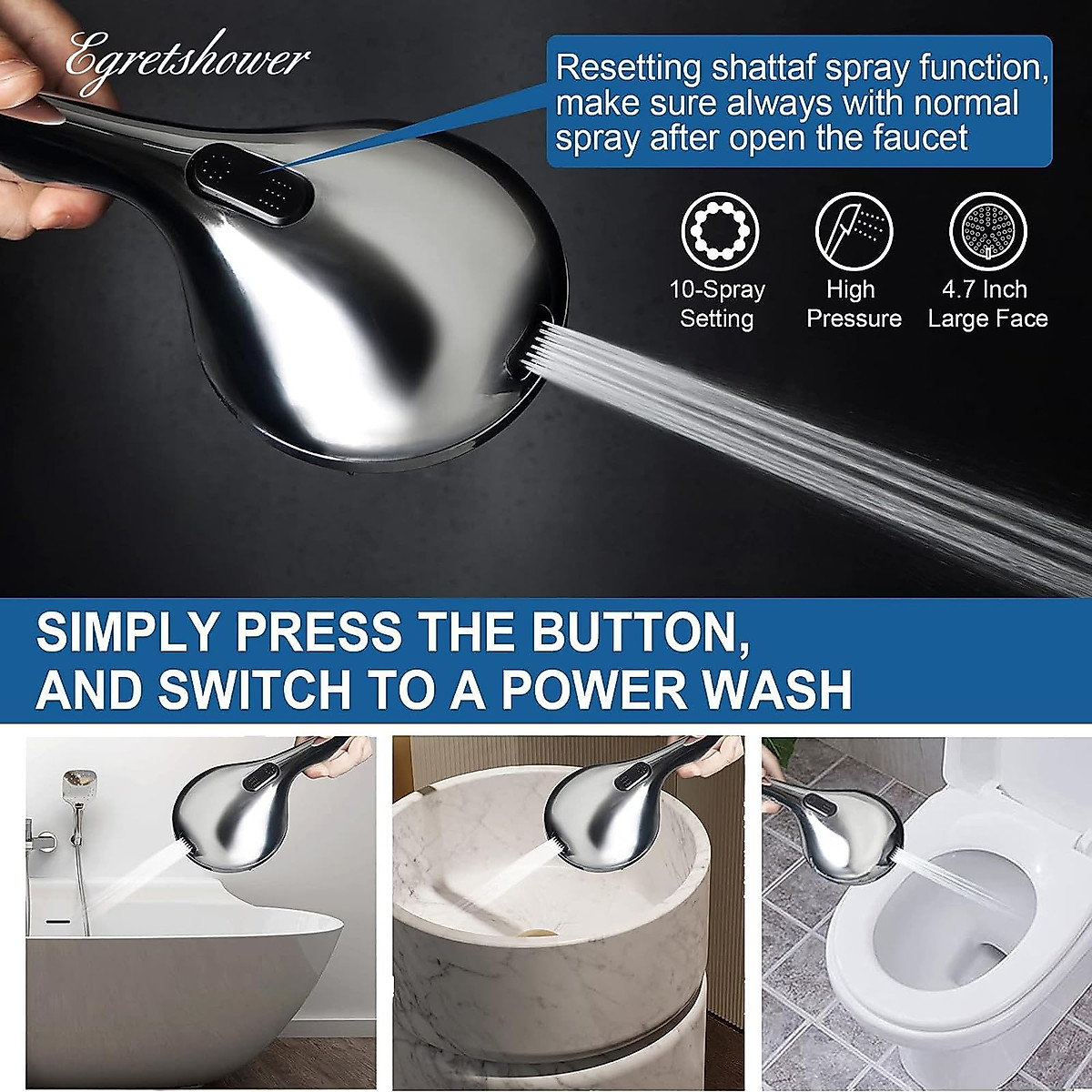 High Pressure Handheld Shower Head, 10-Setting Showerhead, 4.7”Detachable Showerhead Set with 5ft Hose, Adjustable Bracket and Built-in Power Wash to Clean Tub, Tile & Pets - Polished Chrome