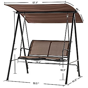 MCombo 2-Person Patio Swing Chair with Adjustable Canopy Outdoor, Steel Frame Breathable Seats Hanging Porch Swing, 4001 (Brown)