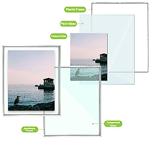 Golden State Art, 16x20 Floating Frame, Silver Aluminum Picture Frame, Clear Glass Displays Any Size Photo Up to 16x20, for Wall or Table Top Decoration