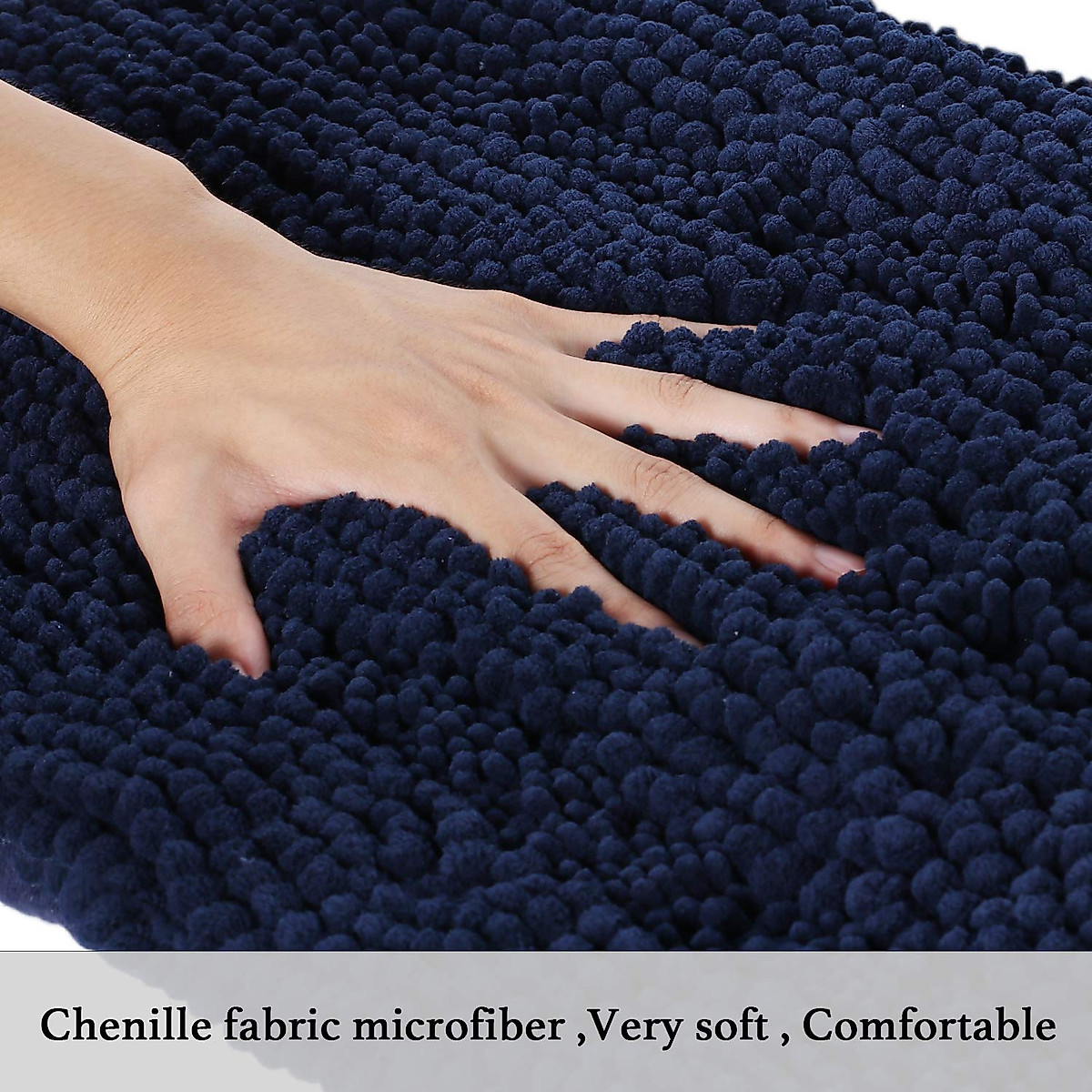 Flamingo P Bath Rugs Ultra Thick and Soft Texture Bath Mat Chenille Plush Striped Floor Mats Hand Tufted Bath Rug with Non-Slip Backing Door Mat for Kitchen/Entryway (Navy - 47" x 17")