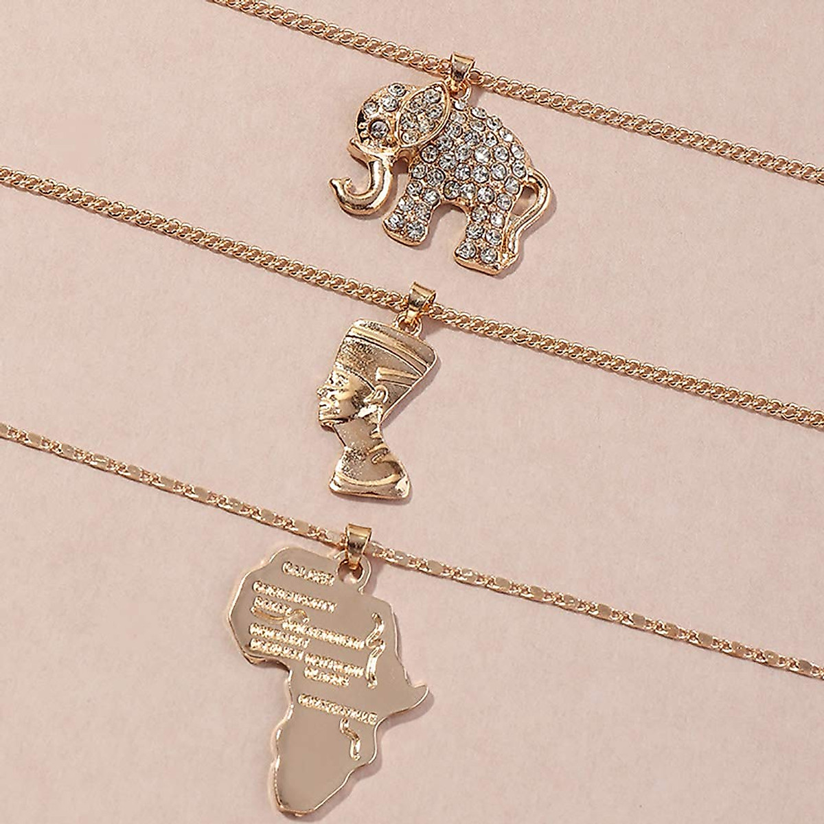 ACEDRE Africa Map Choker Necklace Crystal Elephant Layered Pendant Necklace Chains Gold Gothic Egyptian Queen Beach Adjustable Jewelry Dainty Accessory for Women