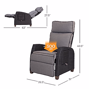 Grand patio Outdoor Reclining Chairs with Extended Footrest Adjustable WickerPatio Lounge Recliner up to 150° with Flip Side Table Cool Grey