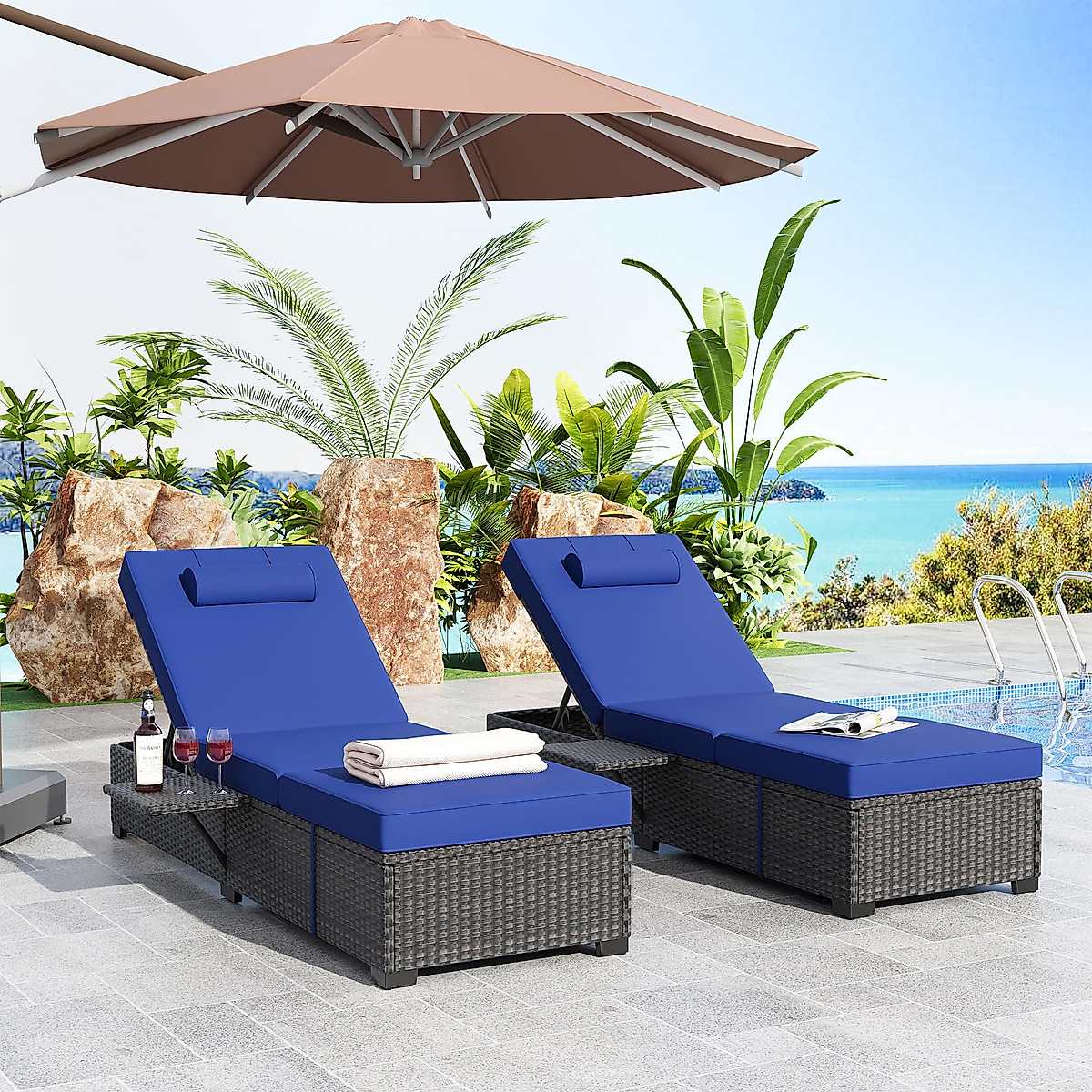 GAOMON Outdoor PE Wicker Chaise Lounge Chairs Set of 2 Patio Brown Rattan Reclining Chair Adjustable Backrest Pool Sunbathing Recliners with Cushion Cover, Navy