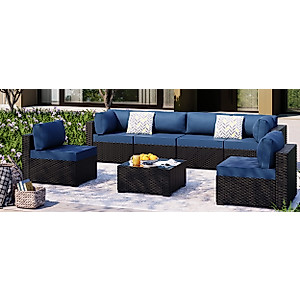 SUNLEI 7pcs Patio Conversation Sets Outdoor Furniture Sets, High Back All-Weather Rattan Sectional Sofa with Tea Table&Washable Couch Cushions(Black Rattan)(Aegean Blue)