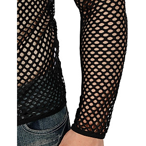 VOWUA Men's Mesh See Through Fishnet Shirts Muscle Pullover Long Sleeves Crew Neck Casual Clubwear Blouse Black