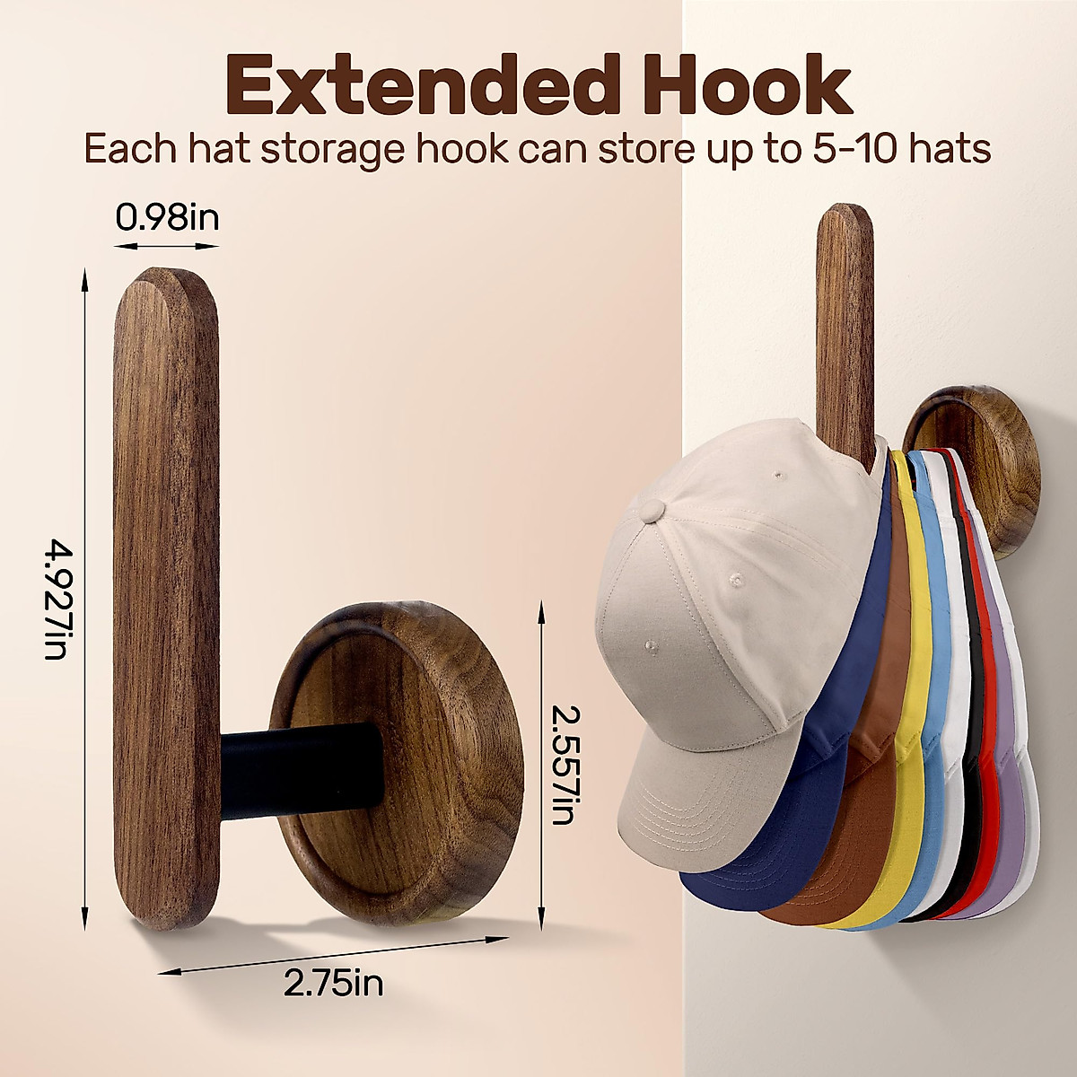 Hat Rack for Wall Hat Organizer for Baseball Caps Strong Adhesive Hat Hooks for Wall Decorative Hooks Walnut Cap Holder Organizer Hat Holder Storage Hanger for Closet Door, Gift for Man Woman(2 Pack)