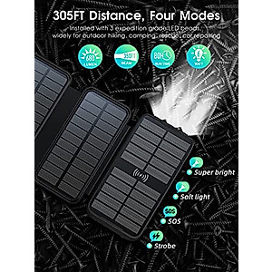 Solar Charger, Power-Bank, Portable Charger,43800mAh QC3.0 Fast Charging Qi 10W Wireless Charger 4 Solar Panel Built-in 2 Kinds Output Cable and 680Lumen Bright flashlights