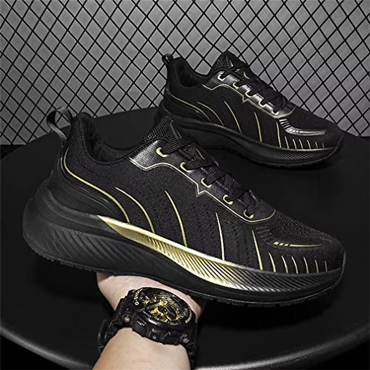 GSLMOLN Running Shoes for Women Non Slip Sneakers Comfortable Walking Shoes Lightweight Breathable Gym Workout Athletic Fashion Casual Black-Gold Size 7