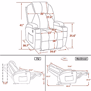 MCombo Electric Power Recliner Chair with Heat and Vibration, Footrest Extended, USB Charge Ports, 2 Side Pockets and Cup Holders, Faux Leather 7050 (Light Brown)