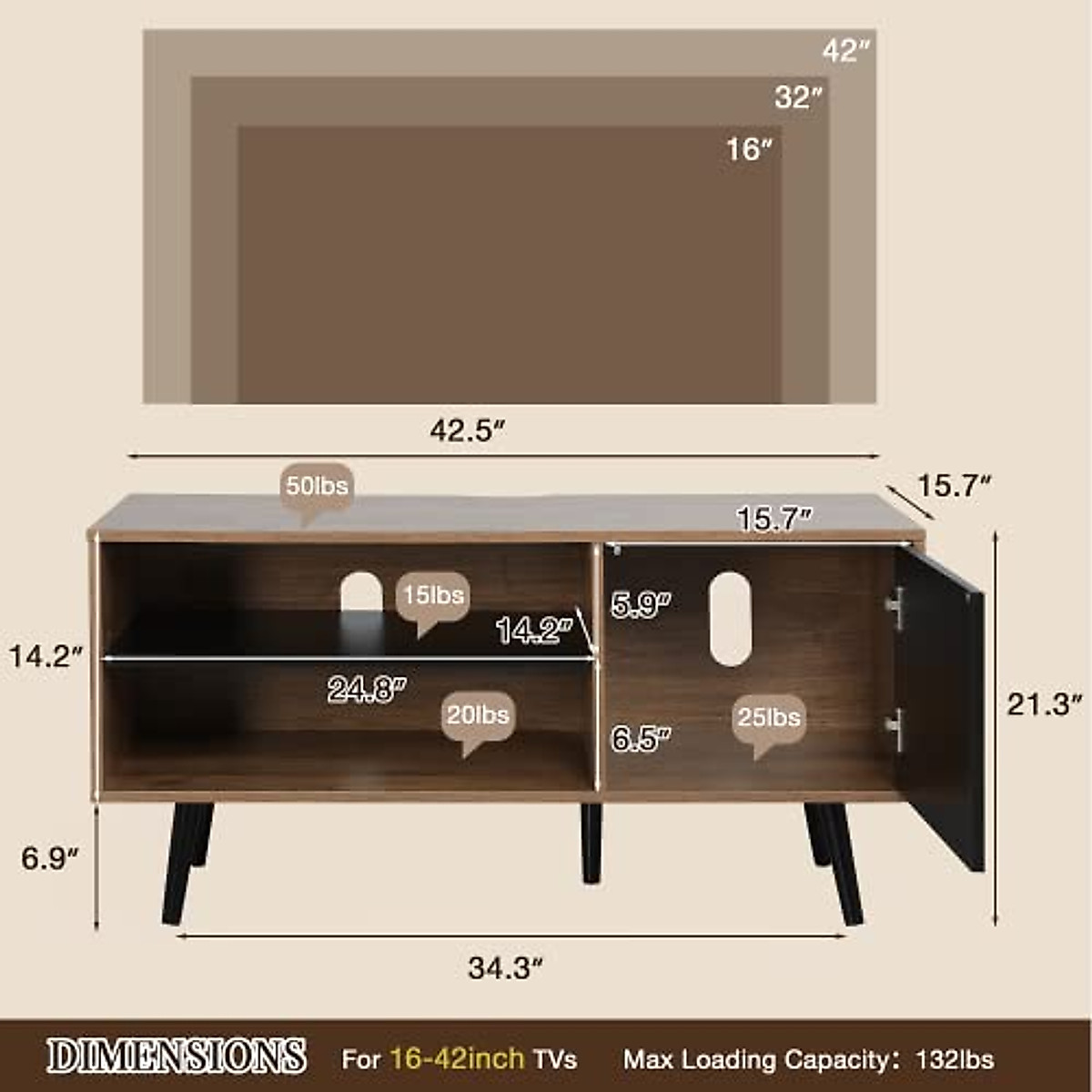 AVAWING 42 Inch TV Stand with Storage, Modern Media Console, Mid Century Modern TV Stand for Bedroom, Livng Room Entertainment Center, Rustic Brown