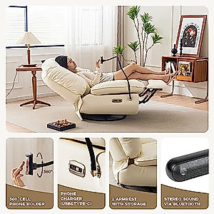 Electric Power Recliner Chair 360° Swivel Upholstered High-Density Sponge Sofa Glider Comfy Rocking Chair with USB Ports, Phone Holder, Leather Home Theater Seating with Hidden Arm Storage (White)
