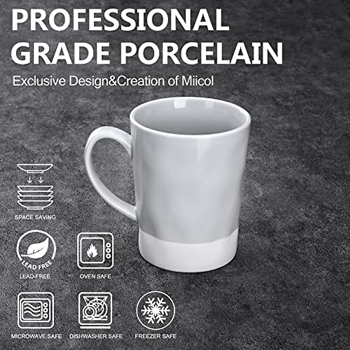 Miicol Porcelain Coffee Mugs Set of 6-15 Oz Large Ceramic Flat Bottom Cups for Latte, Tea, Cocoa - Modern Rustic Handmade Look, Neutral Grey