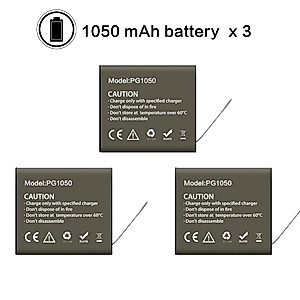 PG1050 Action Camera Battery, 1050mAh Rechargeable Batteries (3 Pieces) with USB Charger, Compatible with AKASO EK7000/APEMAN/Dragon Touch/Apexcam/Vemont/COOAU/EKEN and More