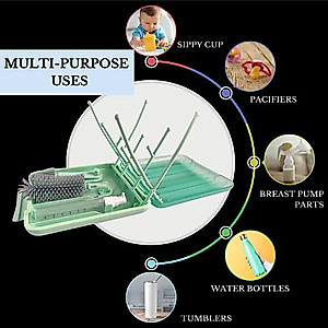 6 in 1 Baby Bottle Cleaning Brush Set : Silicone Bottle Brush, Nipple Brush, Straw Brush, Baby Bottle Drying Rack Space Saving, Soap Dispenser, & Storage Box. Newborn Essentials Must Haves. Green