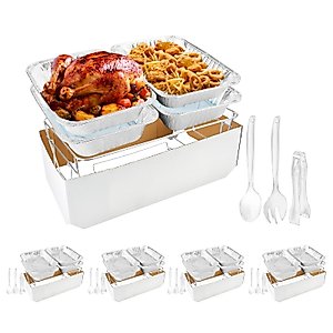 Restlrious Chafing Dish Buffet Set Disposable 4 Pack Full Size Aluminum Buffet Serving Kit, Chafer Stand Kit for Food Warmer in 36 Pieces w/Food Pan Water Pan & Utensils, for Parties Events BBQ