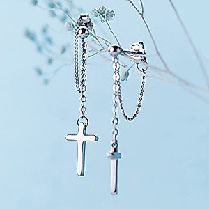 Cross Earrings Dangle Drop Chain Earring for Women Punk Goth Ball Dangling Chain Stud Earrings Silver