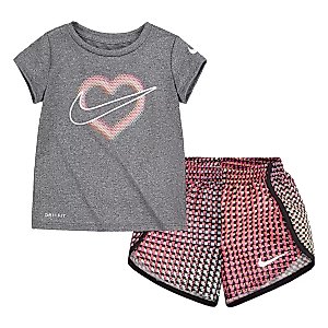 Nike Little Girls' Dri-FIT Pixel T-Shirt and Shorts 2 Piece Set (Black(26H451-023)/Pink, 24 Months)