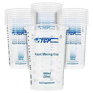 TCP Global 32 Ounce (1000ml) Disposable Flexible Clear Graduated Plastic Mixing Cups - Box of 25 Cups - Use for Paint, Resin, Epoxy, Art, Kitchen, Cooking, Baking - Measuring Ratios 2-1, 3-1, 4-1, ML