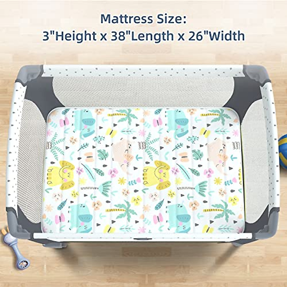 Moonlight Family Noiseless 3” Pack n Play Mattress, 38”x26” Premium Foam Portable Pack and Play Mattresses, Odorless & Steady Playard Mattress fits ONLY Playpens (28.5 * 39.5"), Elephant
