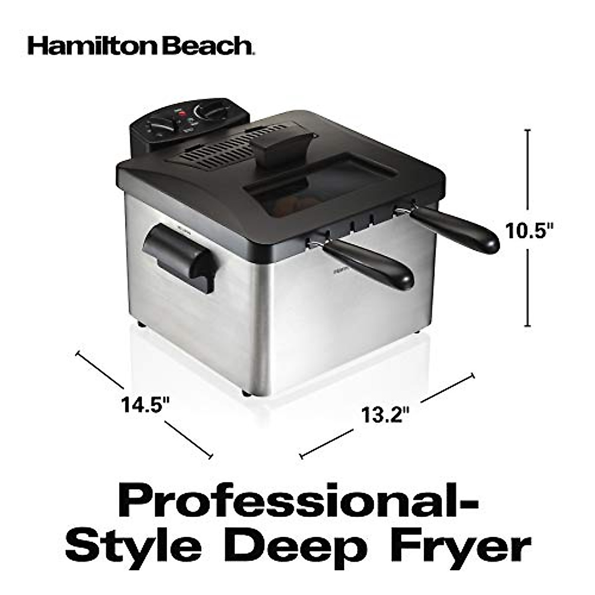 Hamilton Beach Deep Fryer with 2 Frying Baskets, 19 Cups / 4.5 Liters Oil Capacity, Lid with View Window, Professional Style, Electric, 1800 Watts, Stainless Steel (35036)