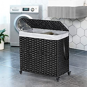 Giantex Laundry Hamper on Wheels, 3 Section 125L w/2 Liner Bags, Rattan Divided Laundry Sorter Clothes Basket w/Lid Handle for Bathroom (Black)
