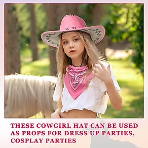 12 Pcs Pink Cowboy Hats with 12 Polyester Bandanas, Western Cowgirl Suede Hats Rodeo Princess Hat for Dress-Up Bachelorette Parties Play Costume