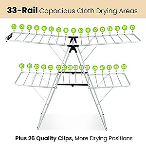 COSTWAY Clothes Drying Rack, Foldable 2-Level Laundry Drying Rack w/Height-Adjustable Wings, 33 Drying Rails & Sock Clips, Standing Large Drying Rack for Clothing, Indoor Outdoor Use