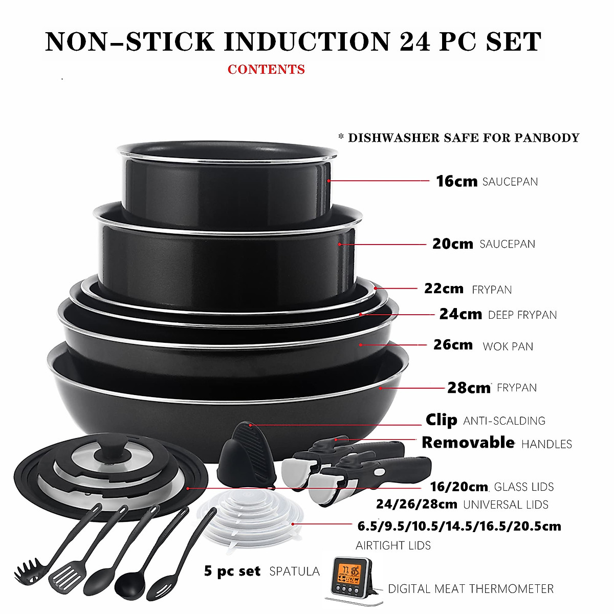 lzteck 24 Pieces Non-Stick Cookware Set with Meat Thermometer,Stackable Pans and Pots Set, Removable Handles Cookware set, for RVs and Camping,Induction,Dishwasher Safe