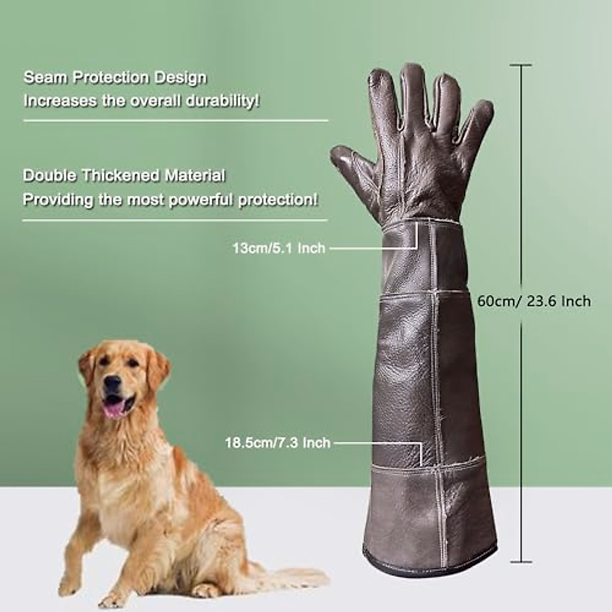 FIPASEN Waterproof Animal Handling Gloves Bite Proof, 60cm/ 23.6In Bite Resistant Gloves for Bathing, Grooming, Handling Cat Dog Rat Snake Lizard Falcon Reptile, Reinforced Leather Protection Gloves
