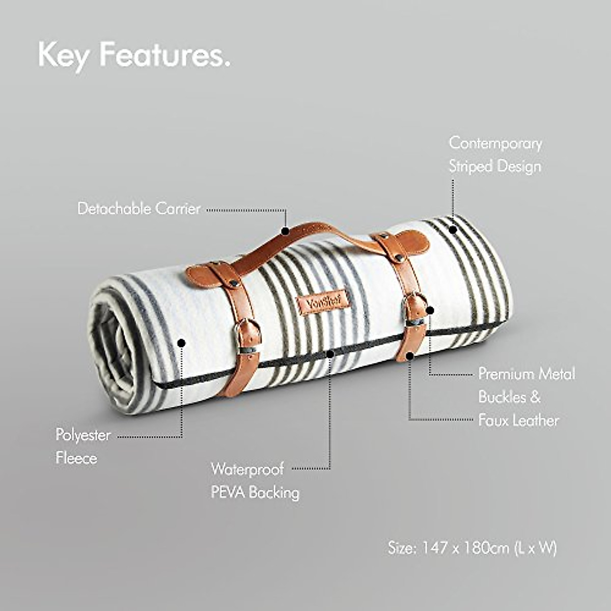 VonShef Picnic Blanket - Large 58" x 71" Soft Waterproof Folding Picnic Blanket for Outdoor Picnics, Beach, Camping - Gray Striped Pattern