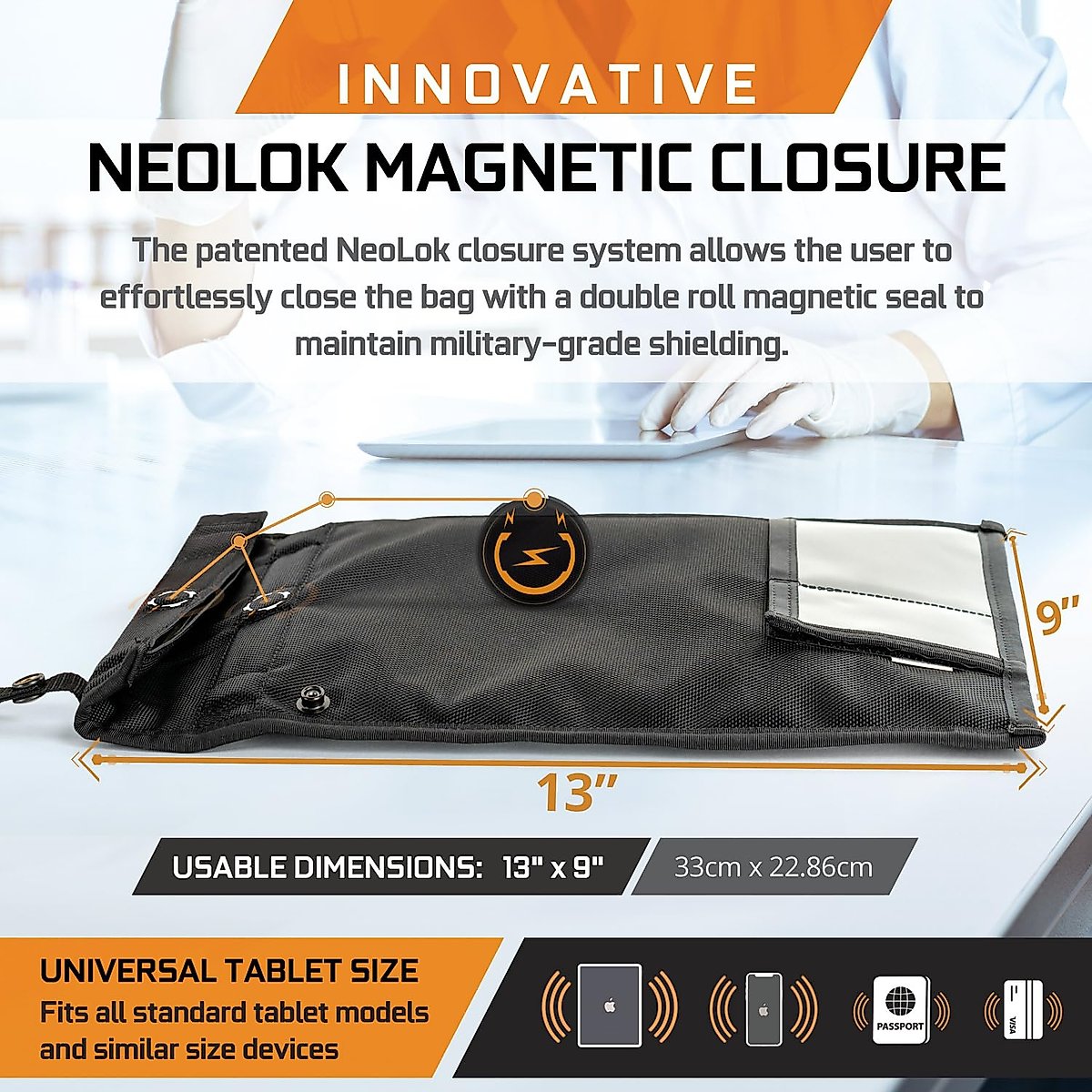Mission Darkness NeoLok Non-Window Faraday Bag for Tablets (+ Secure Magnetic Closure) // Device Shielding for Law Enforcement & Military, Data Security, Anti-Hacking & Anti-Tracking Assurance