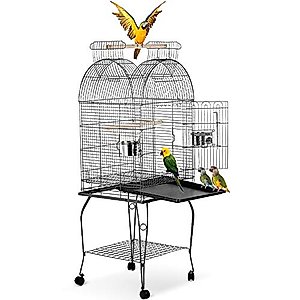 IKAYAA Large Bird Cage, Bird Cage for Parakeets, Cockatiel Cage, Parrot Cage, Medium Dome Open Top Bird Cage for Parrots, with Stainless Steel Bowl & Lockable Wheels
