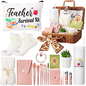 Reallnaive 11 Pcs Teacher Gifts for Women Appreciation Graduation Thank You Gift Include Tumbler, Basket, Ribbon, Bracelet, Card, Towel, Makeup Bag, Plant, Makeup Brushes, Nail Clippers, Socks