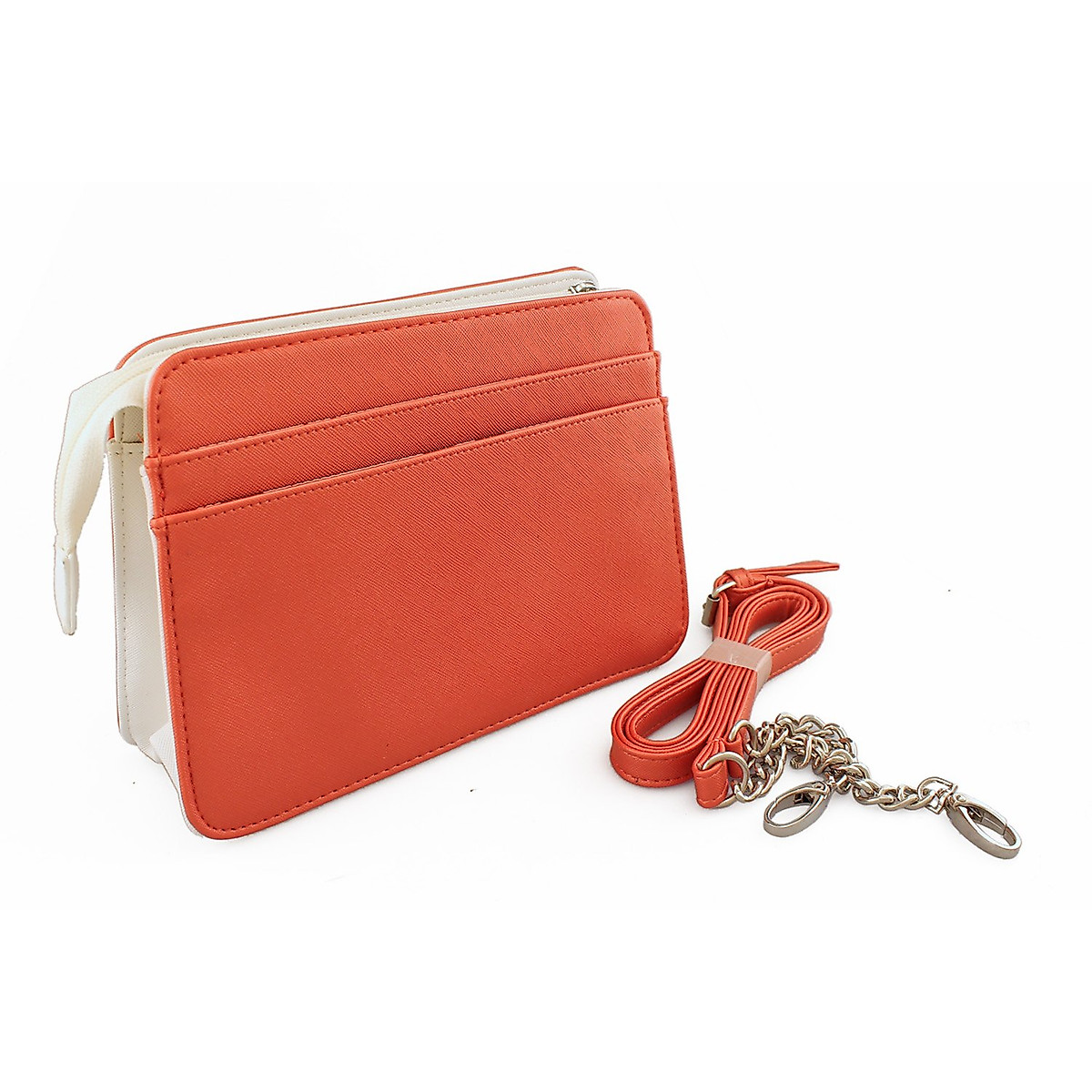Pouchee Avi Vegan Leather Purse Organizer that doubles as a Clutch and Cross Body Bag (Coral/Cream)