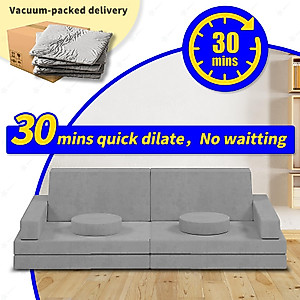 Neoriver Modular Kids Play Couch 10Pcs, 65.4" Kids Couch for Playroom Bedroom, Multifunctional Modular Toddler Couch, Over 10 Combinations Creative Sofa for Imaginative Kids -Grey