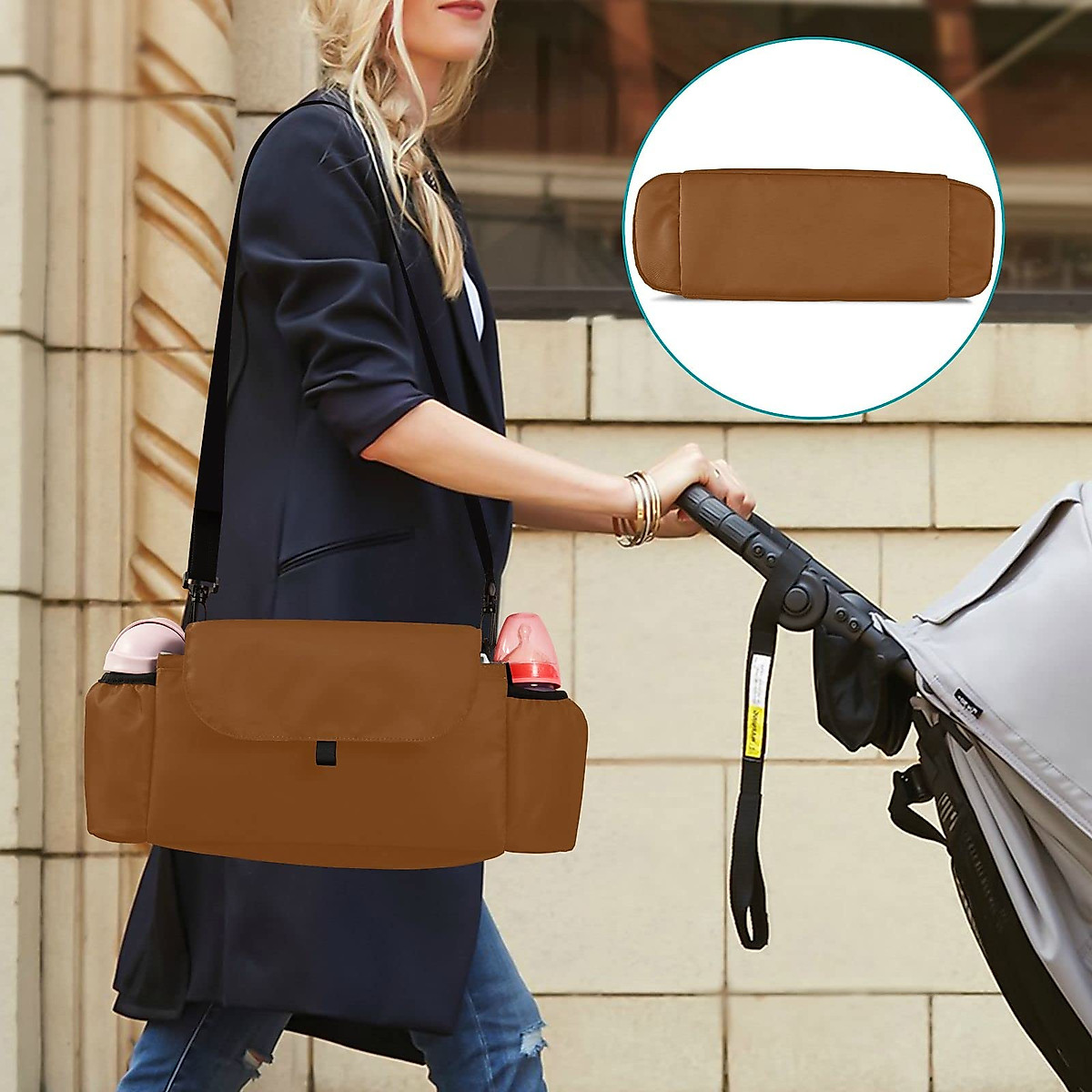 Saddle Brown Baby Stroller Organizer Large Capacity with 2 Cup Holder Adjustable Removable Shoulder Straps Abrasion-Resistant and Durable Fit Nearly Any Stroller