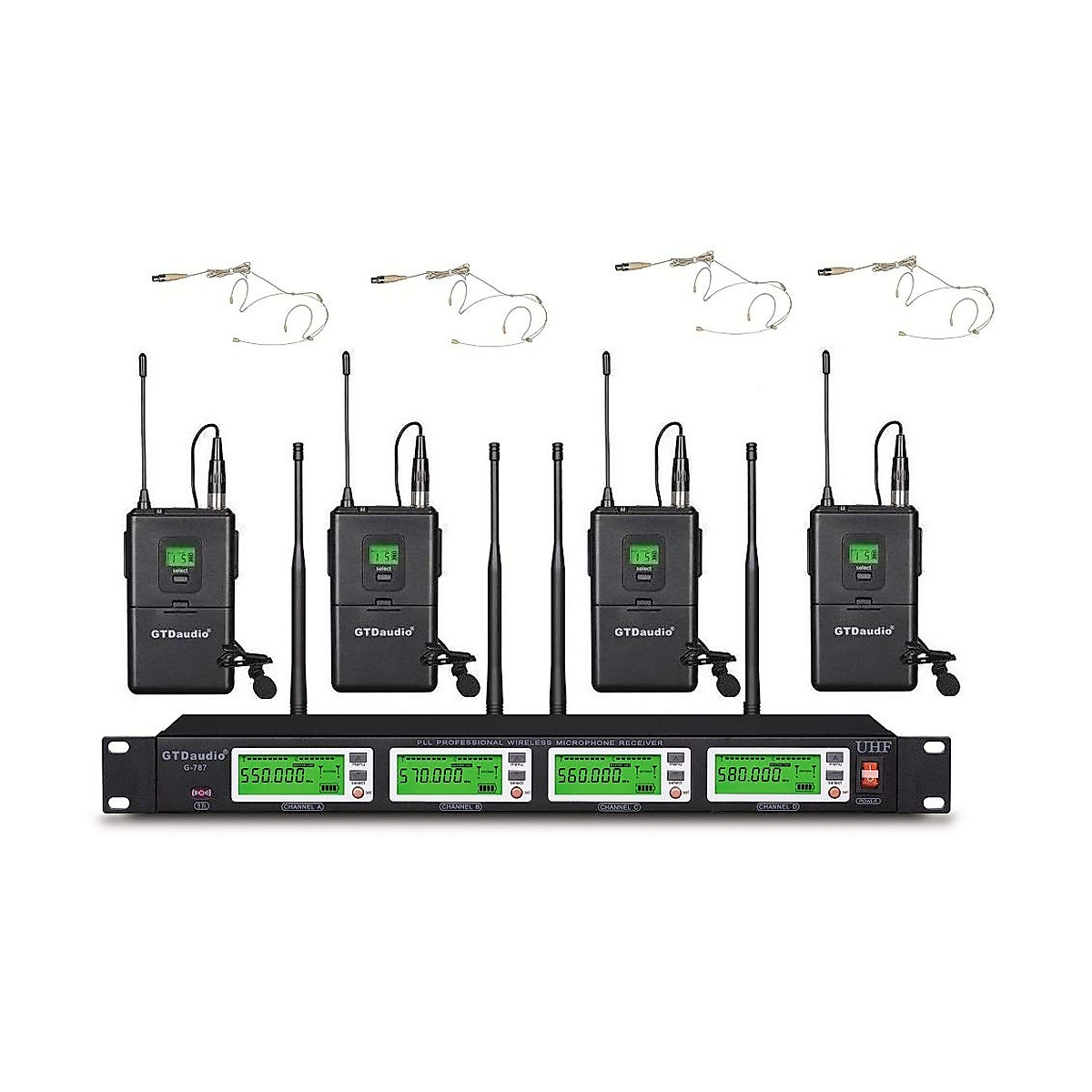 GTD Audio 4x800 Adjustable Channels UHF Diversity Wireless Cordless Microphone System with 4 Bodypacks, 4 Beige Headsets & 4 Lapels Mics, Range 450 ft, (8 Mics)