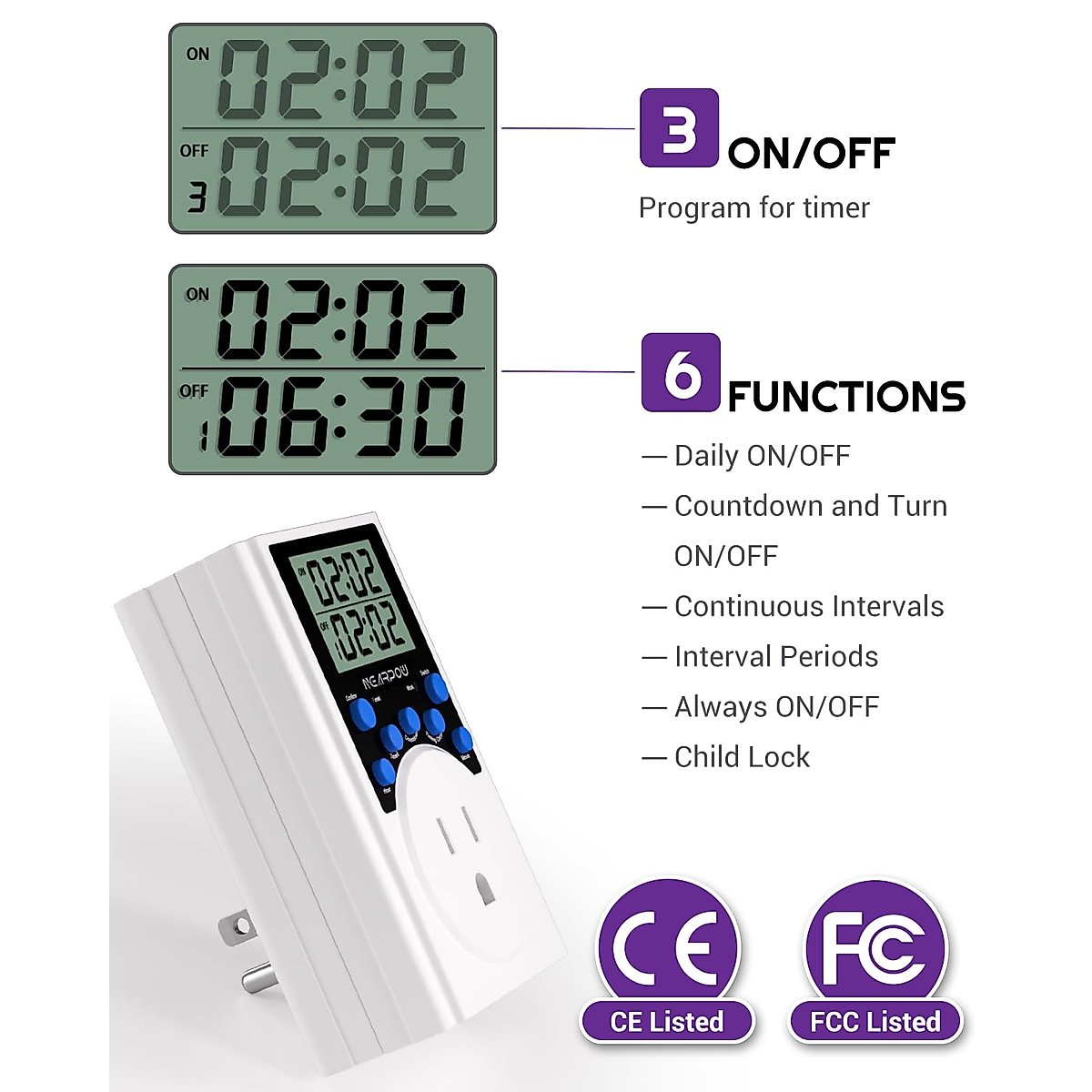 Timer Outlet, Nearpow Multifunctional Infinite Cycle Programmable Plug-in Digital Timer Switch with 3-Prong Outlet for Appliances, 15A/1800W