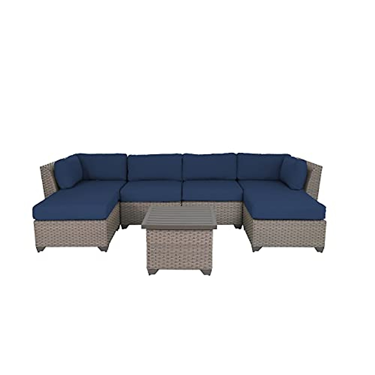 TK Classics Florence 7 Piece Outdoor Wicker Patio Furniture Set, Navy
