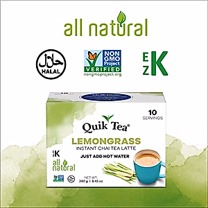 QuikTea Lemongrass Chai Tea Latte - 10 Count Single Box - All Natural Preservative Free Authentic Chai from Assam