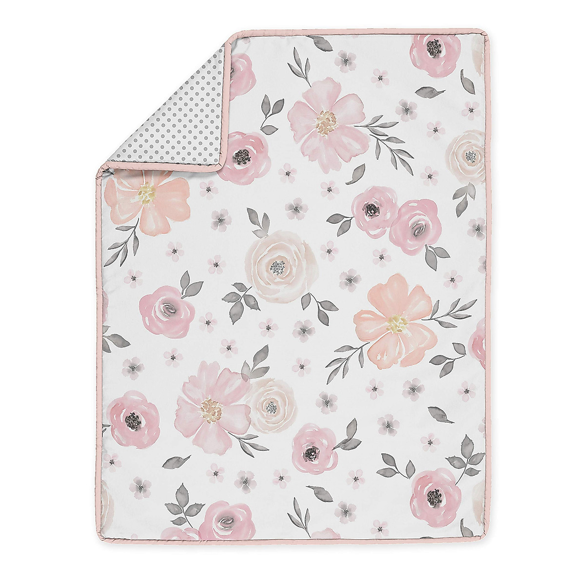 4 pc. Blush Pink, Grey and White Watercolor Floral Baby Girl Crib Bedding Set by Sweet Jojo Designs - Rose Flower Polka Dot