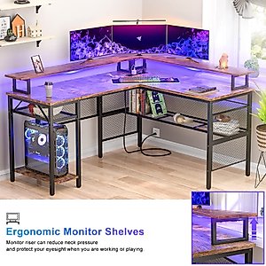 Unikito L Shaped Desk with LED Light and Power Outlet, Reversible Corner Computer Table with Monitor Stand and Storage Shelf, Modern L- Shaped Gaming Desk, Ergonomic Home Office Desk, Rustic Brown