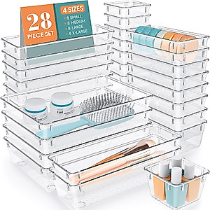 WOWBOX 28 PCS Clear Plastic Drawer Organizer Set, 4 Sizes Desk Drawer Divider Organizers and Storage Bins for Makeup, Jewelry, Gadgets for Kitchen, Bedroom, Bathroom, Office