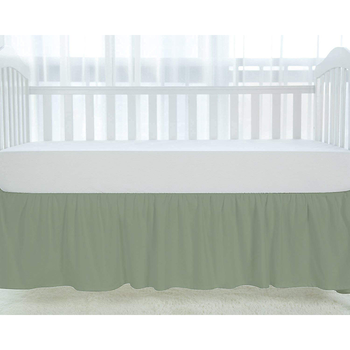 100% Egyptian Cotton, Nursery Crib Toddler (28" x 52" x 14") 800 Thread Count Crib Skirt Dust Ruffle, Bedding Skirts for Baby Boys or Girls, 14" Drop, Sage Solid