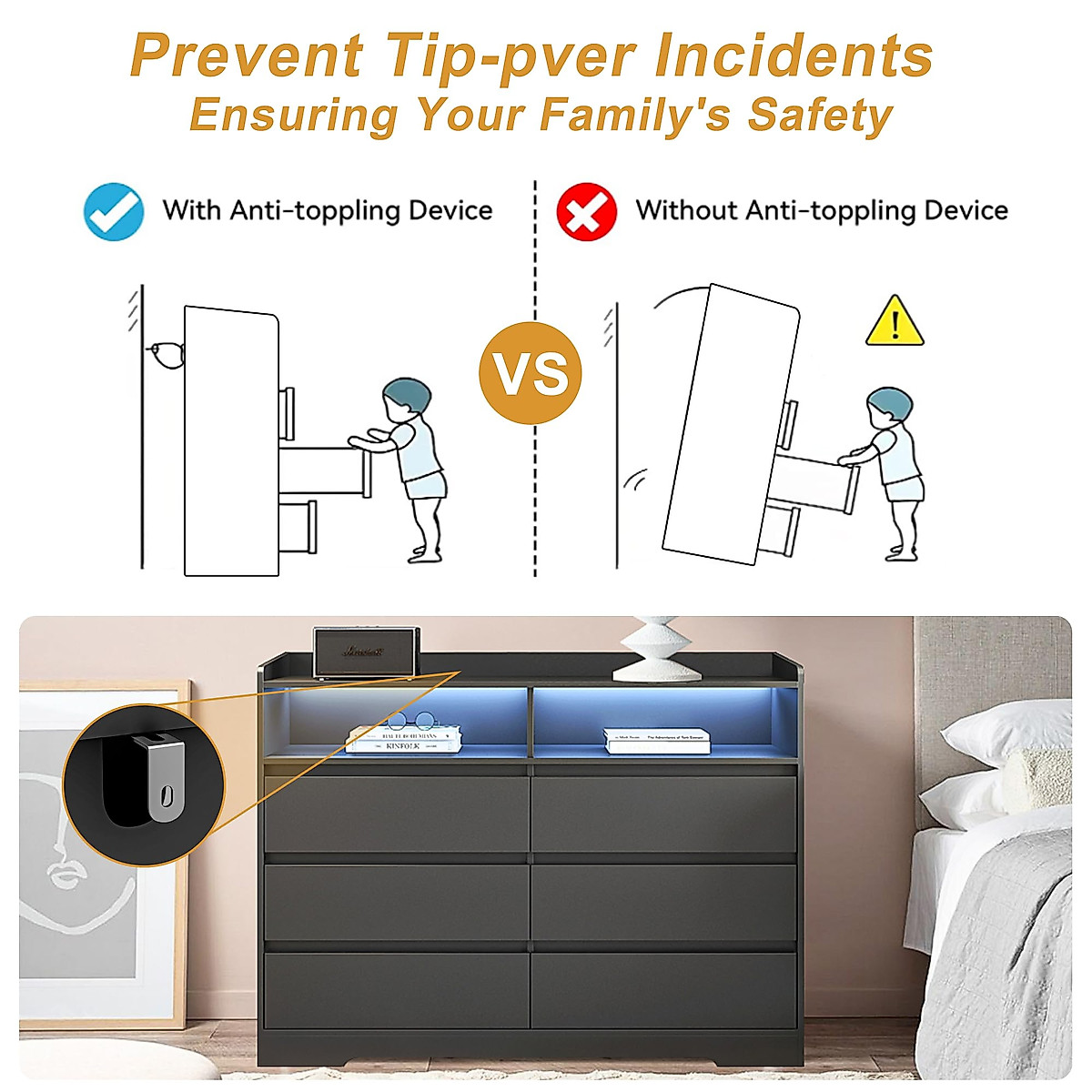 CIPACHO Black Dresser for Bedroom,Dresser with LED Lights,6 Drawer Dresser with 2 Cubby,Chest of Drawers & Dresser,Wood Dresser,Dresser Bedroom Furniture, TV Dresser for Living Room