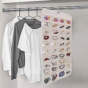 SPIKG Hanging Jewelry Organizer Holder , Storage Bag for Earrings Necklace Bracelet Ring Accessory Display Holder Box (Beige -80 Pockets)